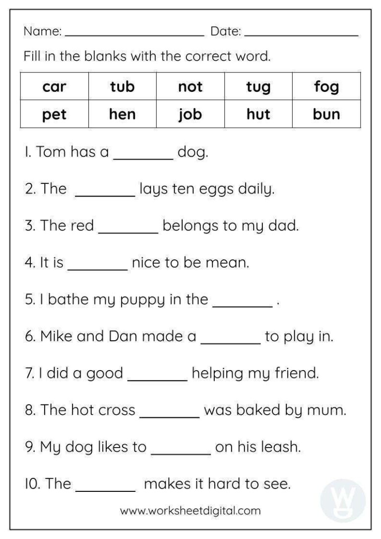1St Grade Printable Fill In The Blank Worksheets - smartteachpages.com