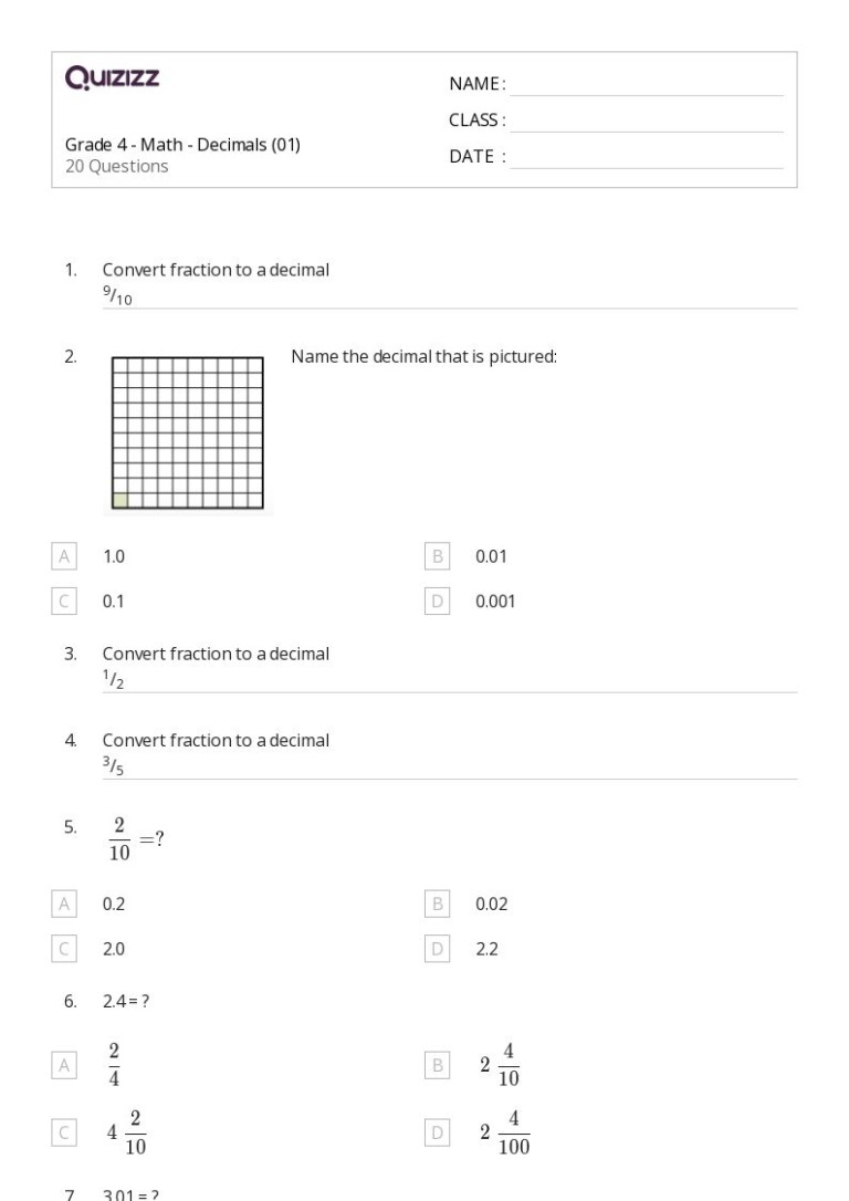 4Th Grade Math Printables - smartteachpages.com