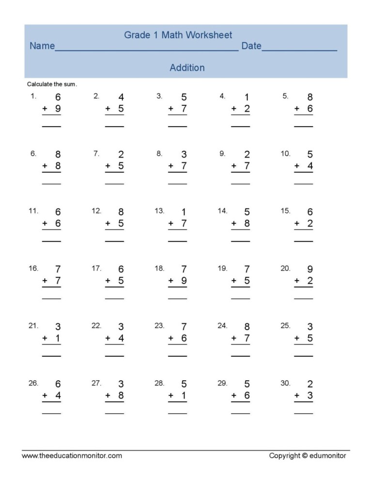 1St Grade Addition Worksheets Free Printable - smartteachpages.com